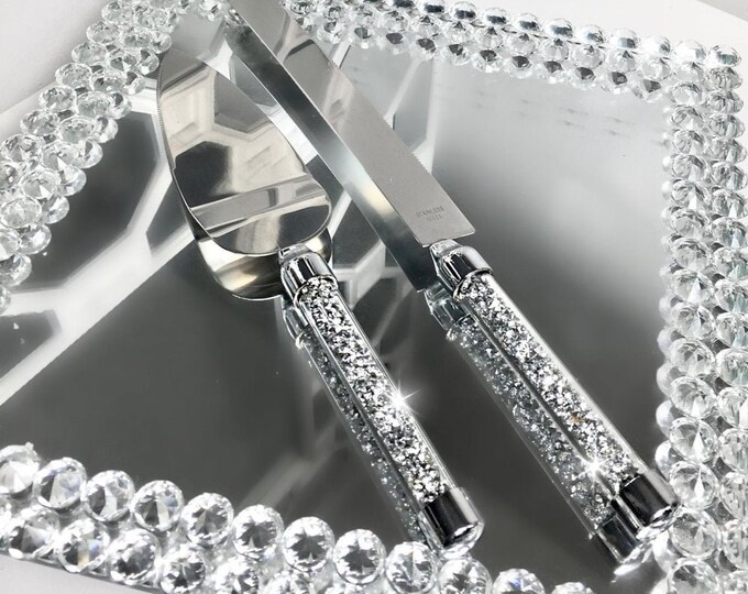 Cake Knife Cutter Serving Pair Silver Crushed Diamond Crystal Diamante ...
