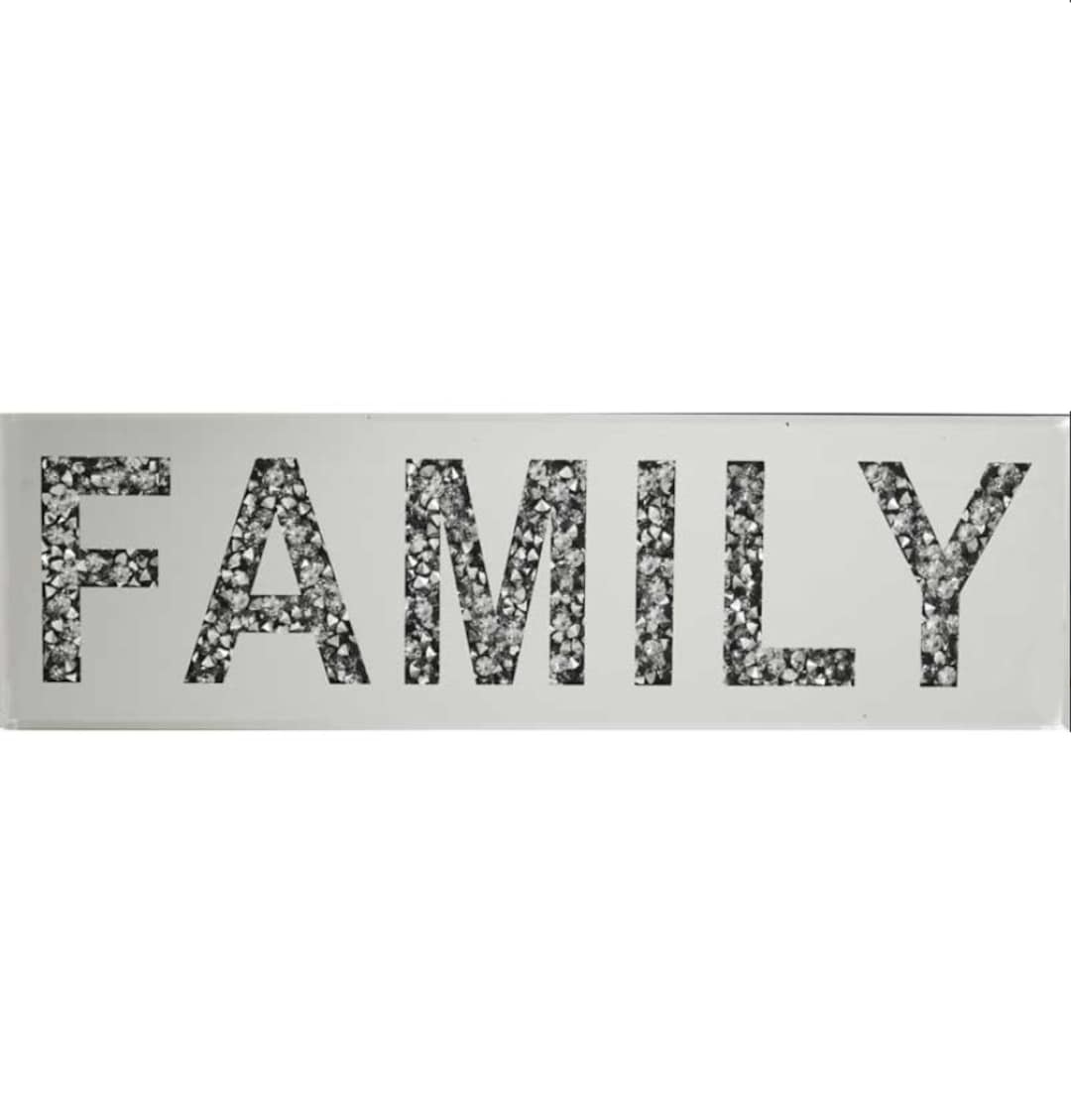 Silver Mirror Glass FAMILY Sign Wall Hanging Art Plaque Crushed Diamond ...