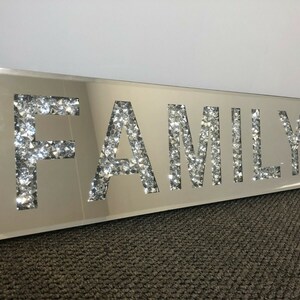 Silver Mirror Glass FAMILY Sign Wall Hanging Art Plaque Crushed Diamond ...