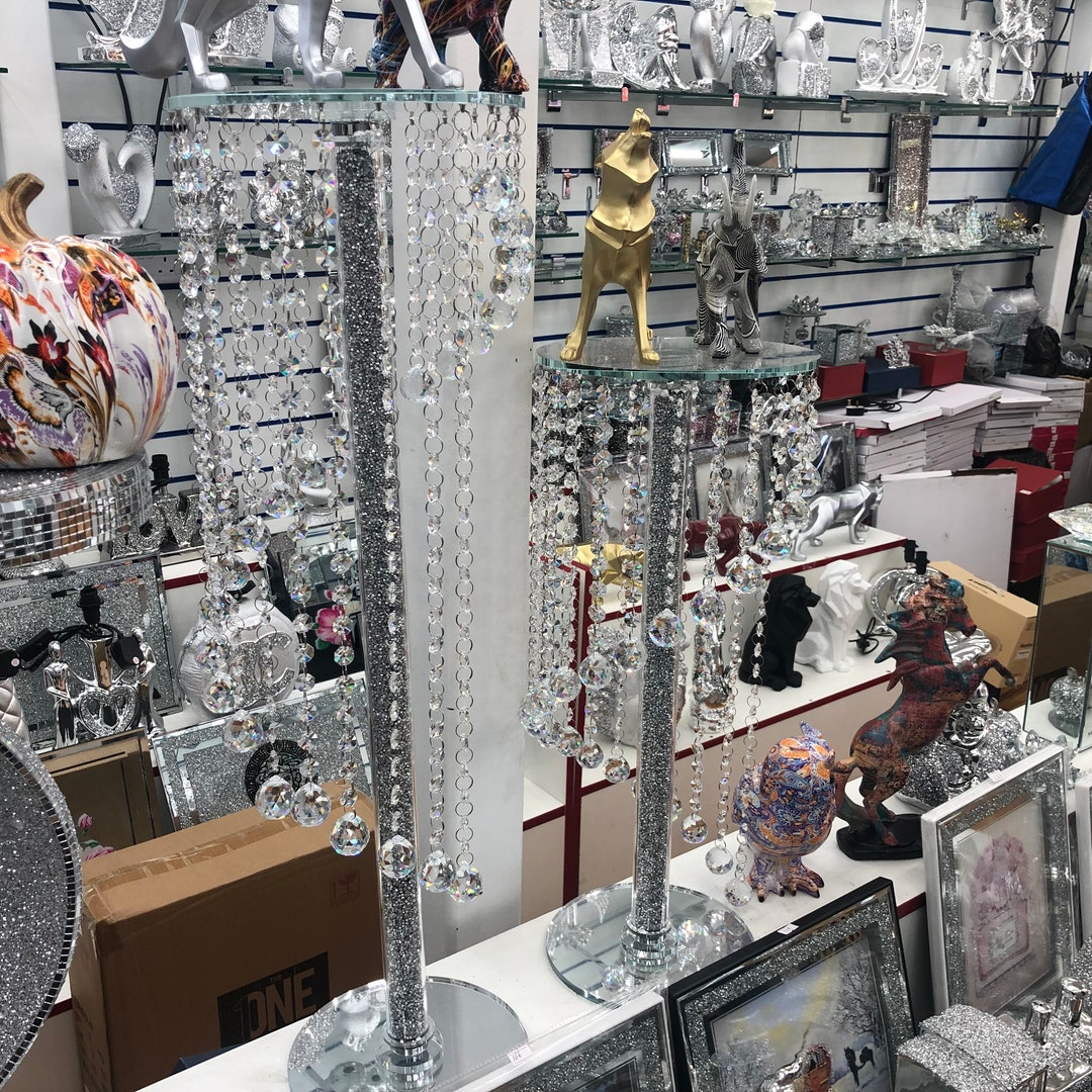 Silver Crushed Diamond Diamante Side End Table Lamp Mirror Crystal ...