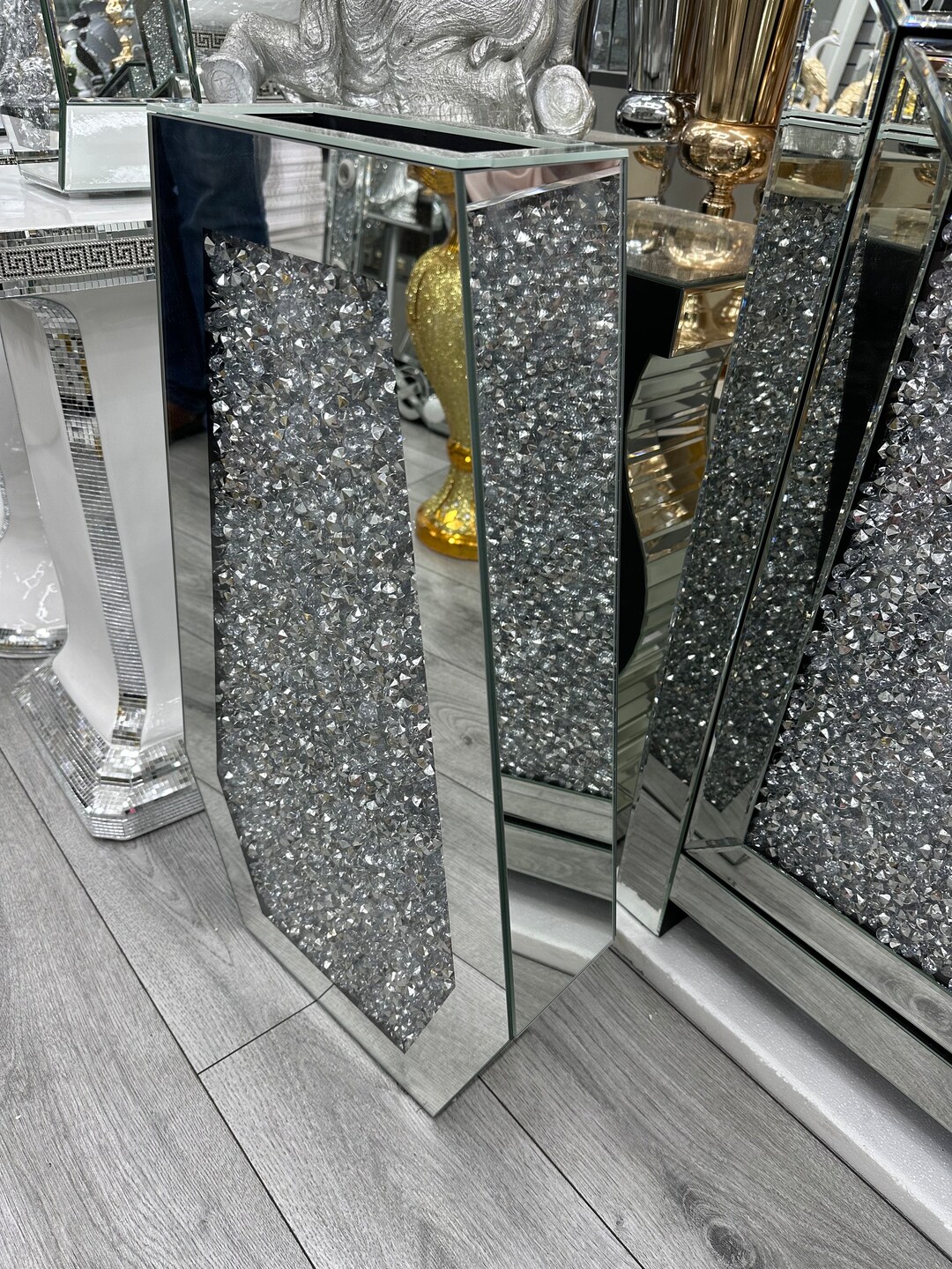 Silver Glass Mirror Crushed Diamond Designer Decor Crystal Diamante ...