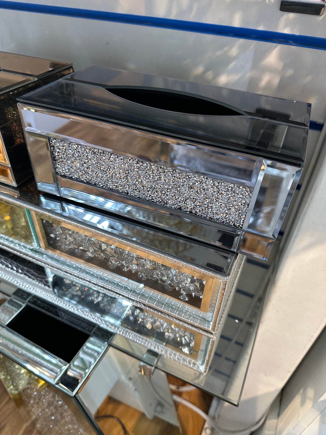 Steel Dark Silver Crushed Diamond Diamante Crystal Filled Tissue Box ...