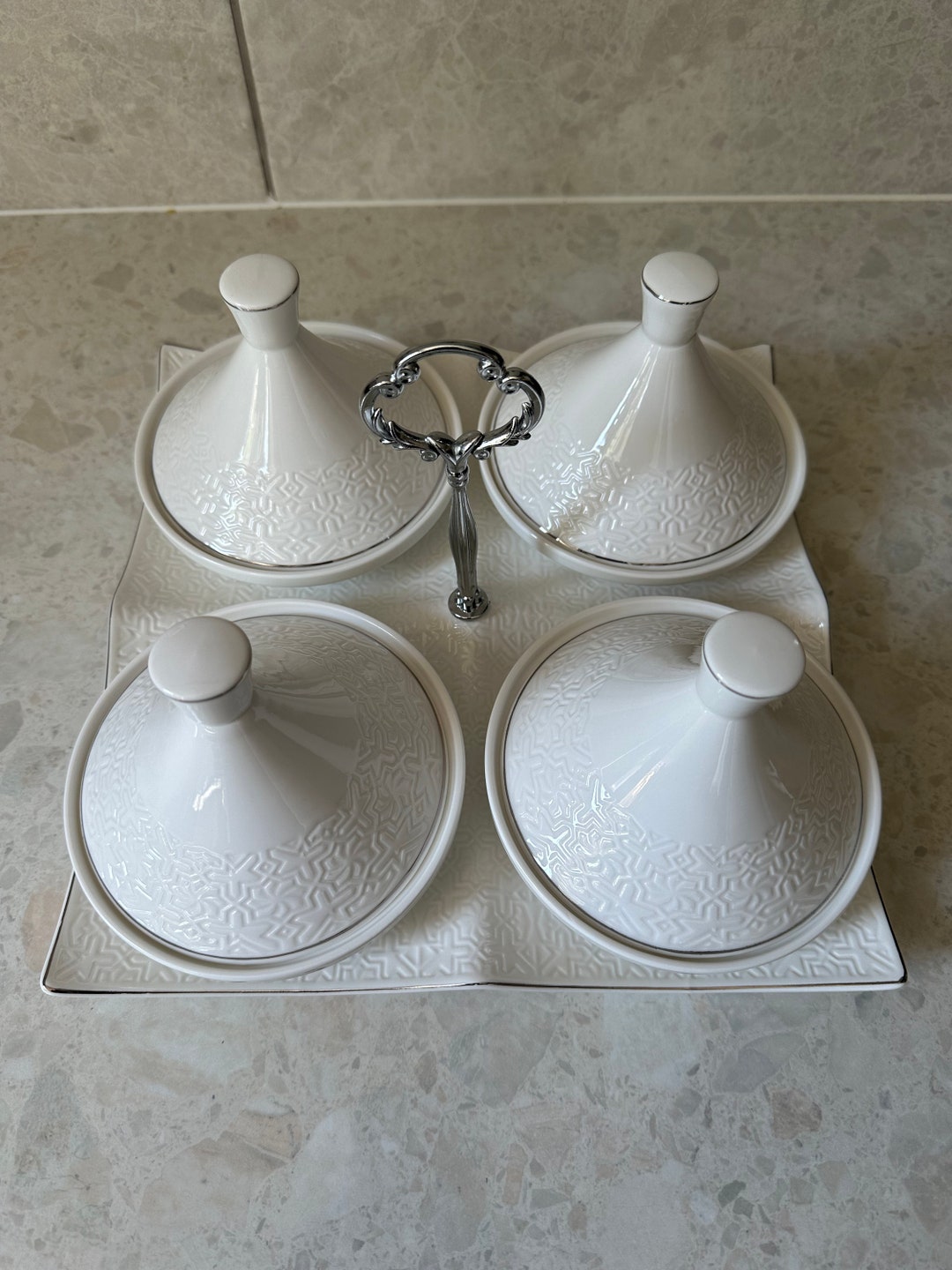 White Ceramic Square Serving Dish 4 Small Snack Condiment Platter ...