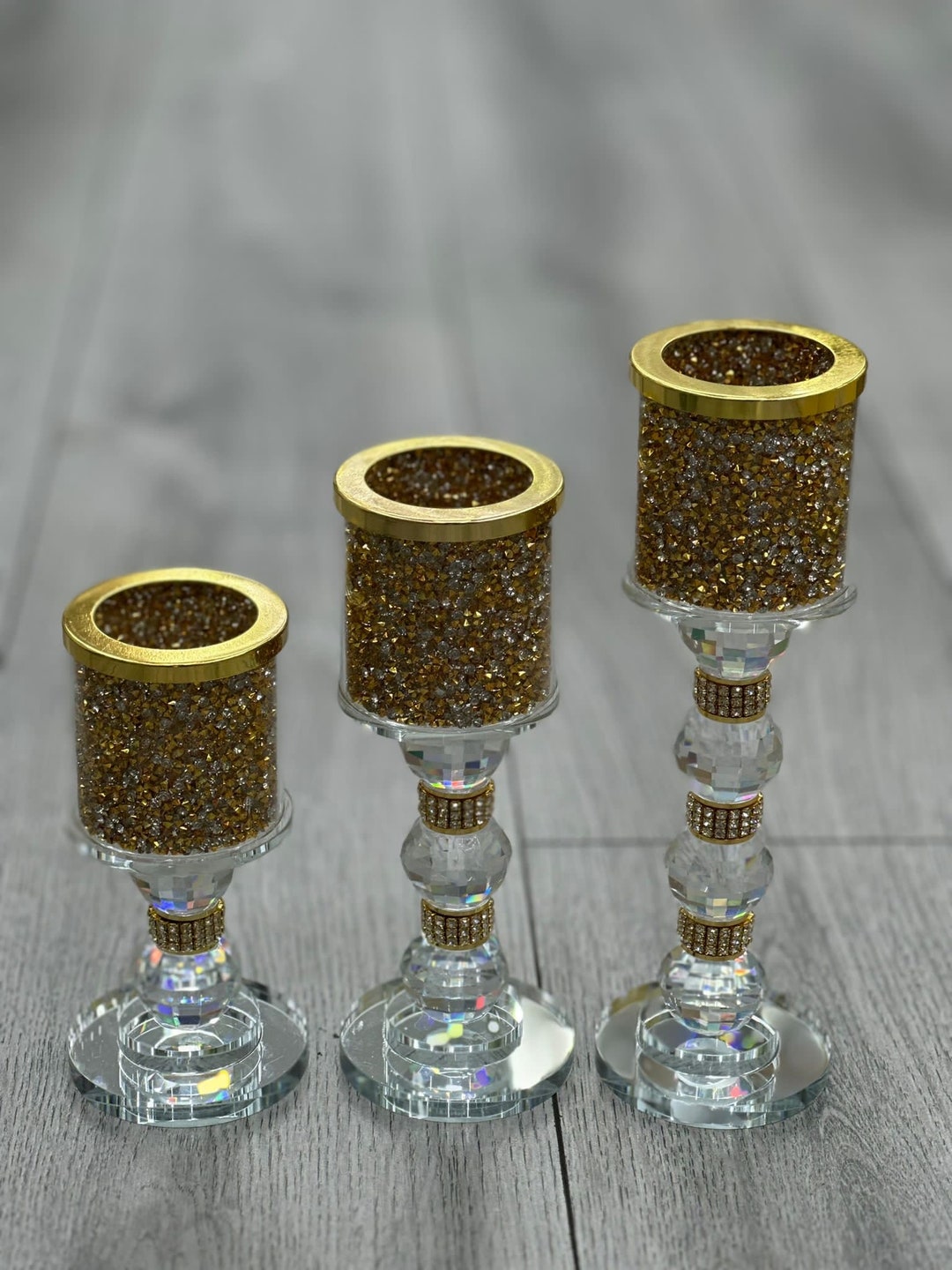 Gold Crushed Diamond Diamante Crystal Filled Glass Candle Stick Holder ...