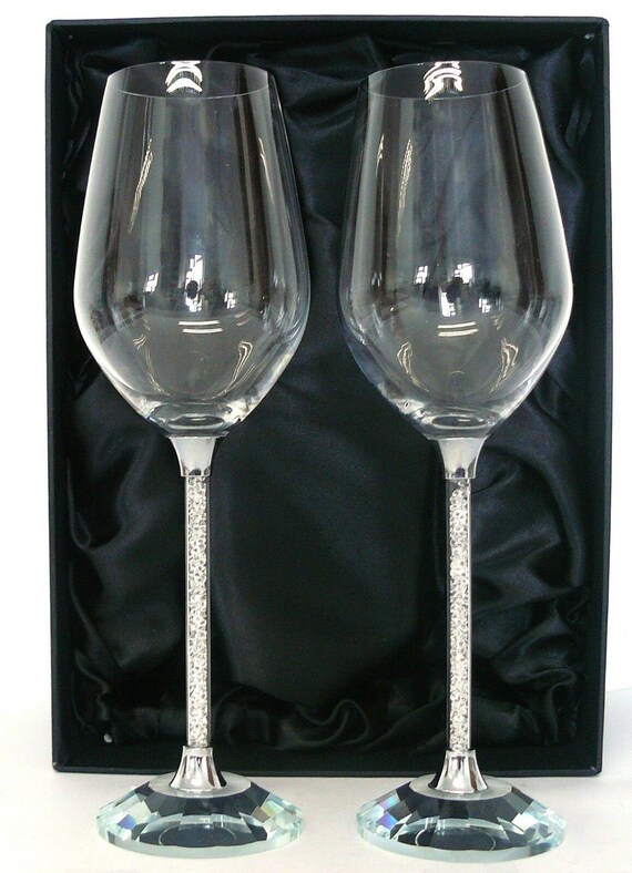 White Crushed Diamond Diamante Crystal Filled Wine Glass Set | Etsy