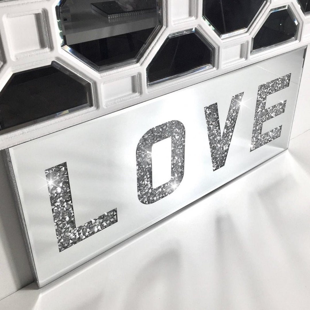 Silver Mirror Glass LOVE Sign Wall Hanging Art Plaque Crushed Diamond ...