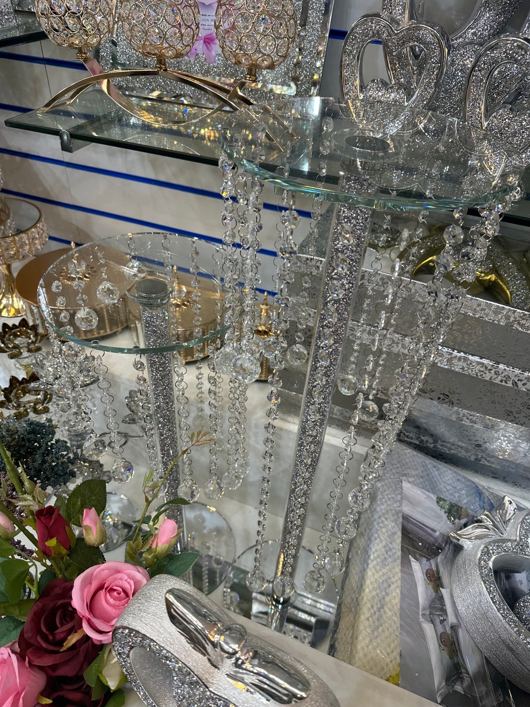 Silver Crushed Diamond Diamante Side End Table Lamp Mirror Crystal ...