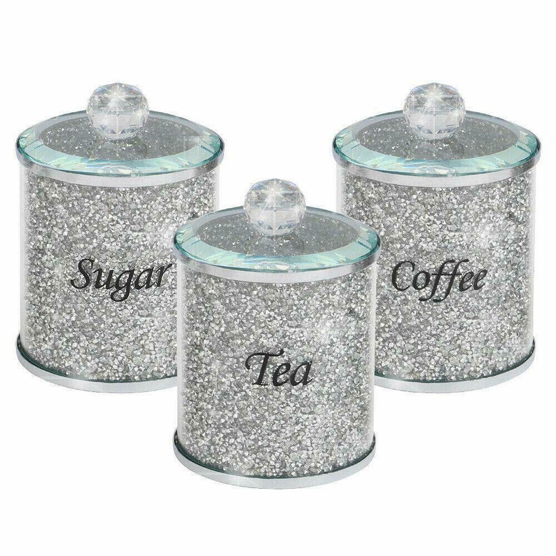 Silver Crushed Diamond Crystal Filled Tea Coffee Sugar Jars - Etsy UK