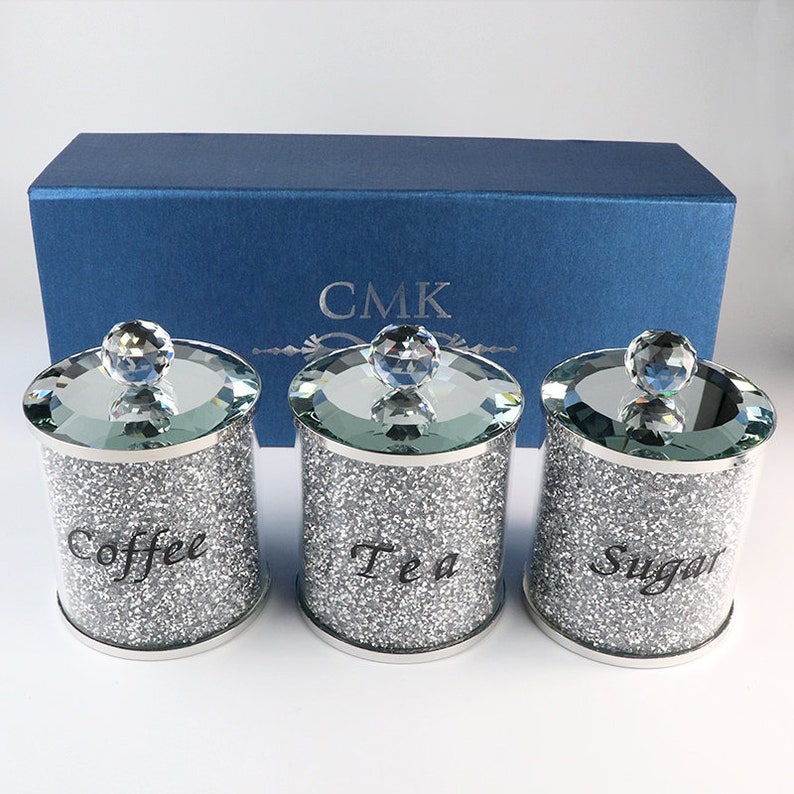 Silver Crushed Diamond Crystal Filled Tea Coffee Sugar Jars | Etsy UK