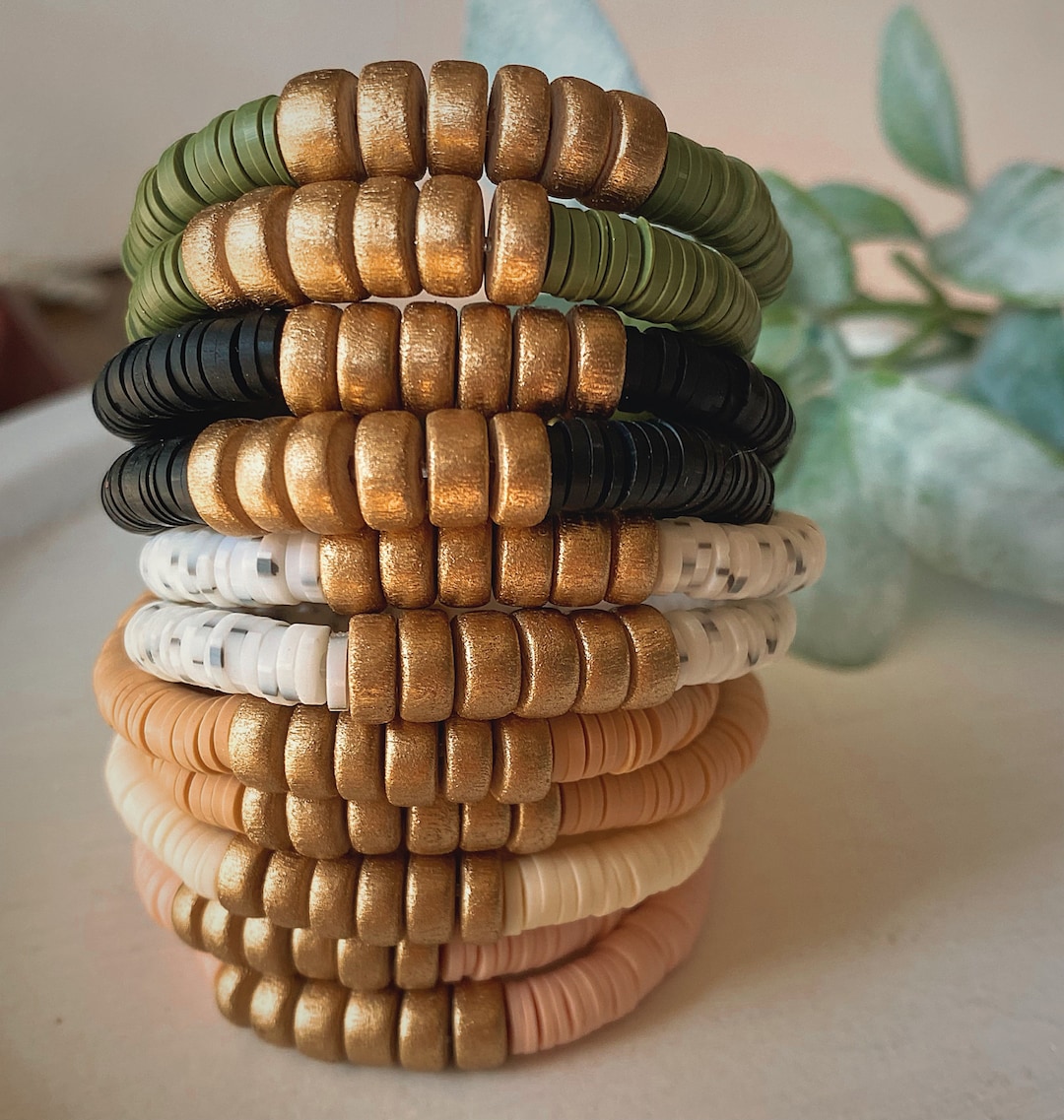 Heishi Bracelet Stack: Polymer Clay & Gold Wooden Disc - Etsy