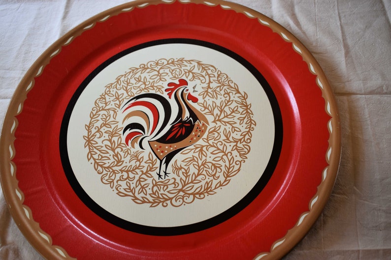 Large Round Mid Century Modern Rooster Metal Tray Red Black White and ...