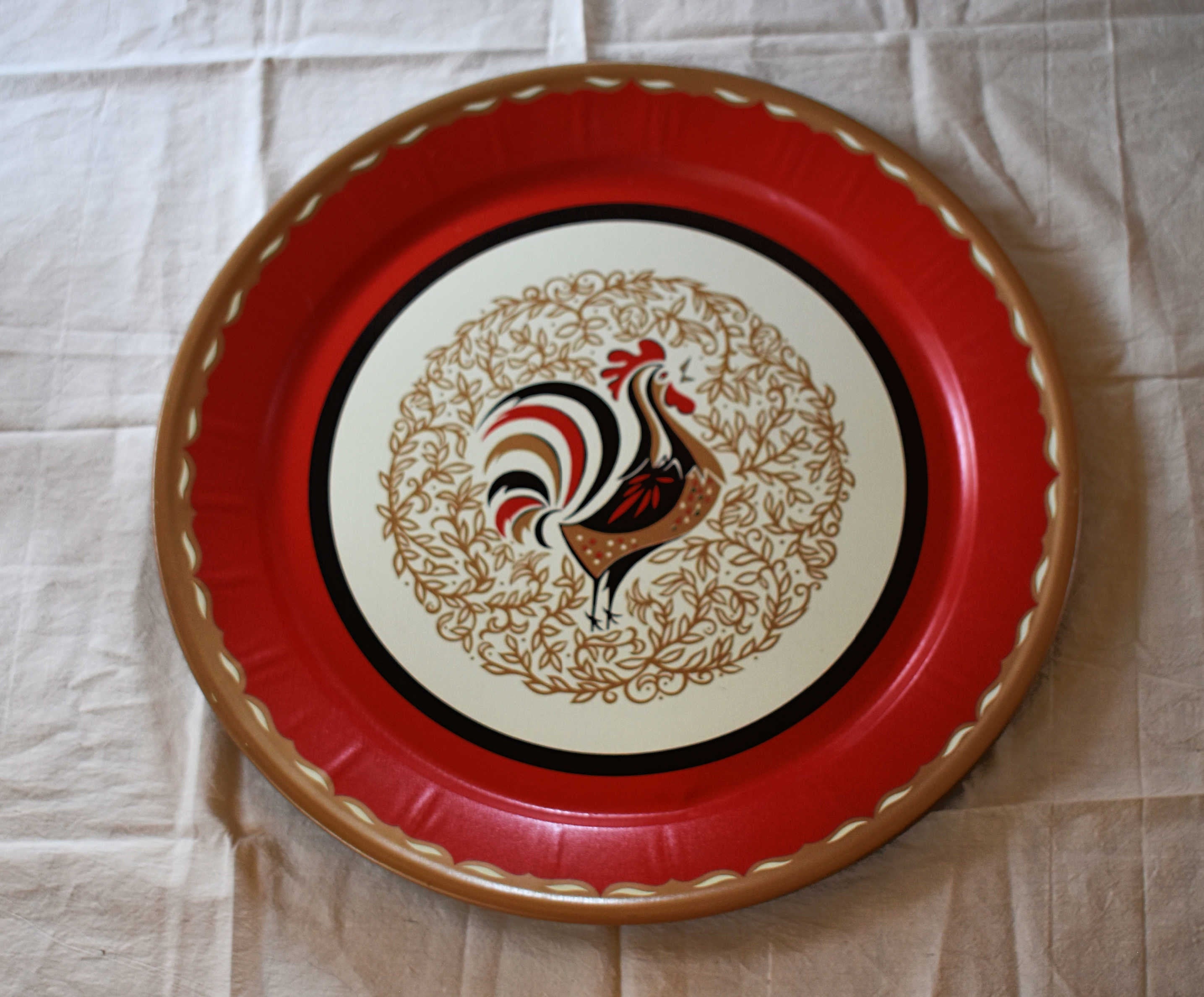 Large Round Mid Century Modern Rooster Metal Tray Red Black White and ...