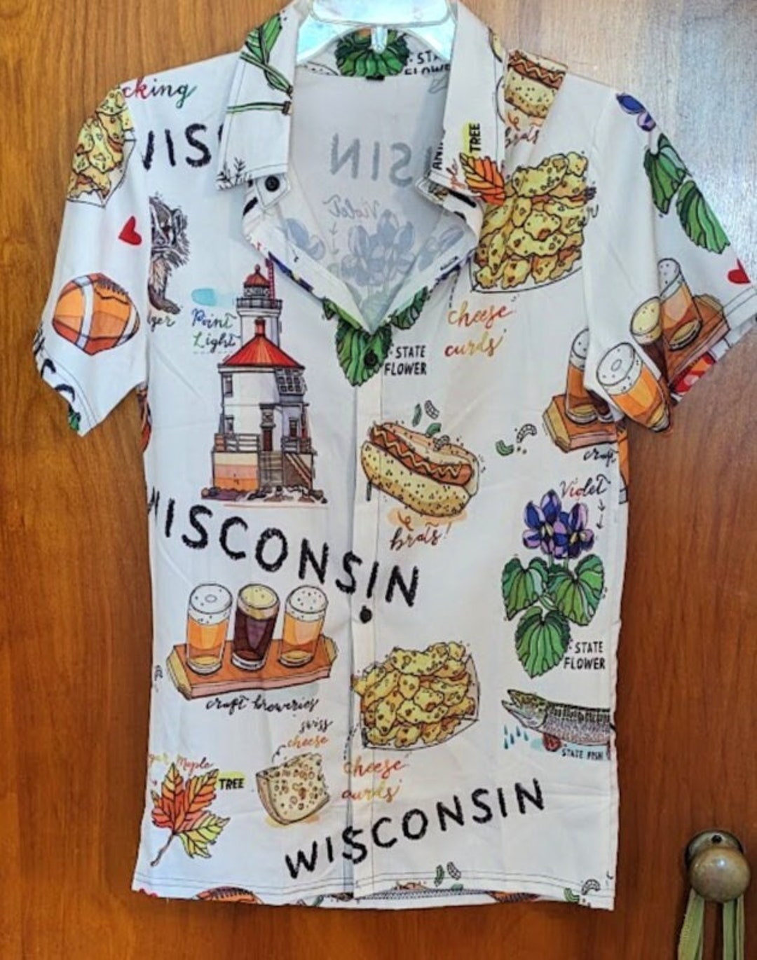 Unisex S Vintage Wisconsin Print Bowling Shirt Beach Shirt off White ...