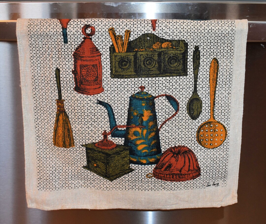 Vintage Kitchen Linen Towel, Bold Primitive Kitchen Items on Natural ...