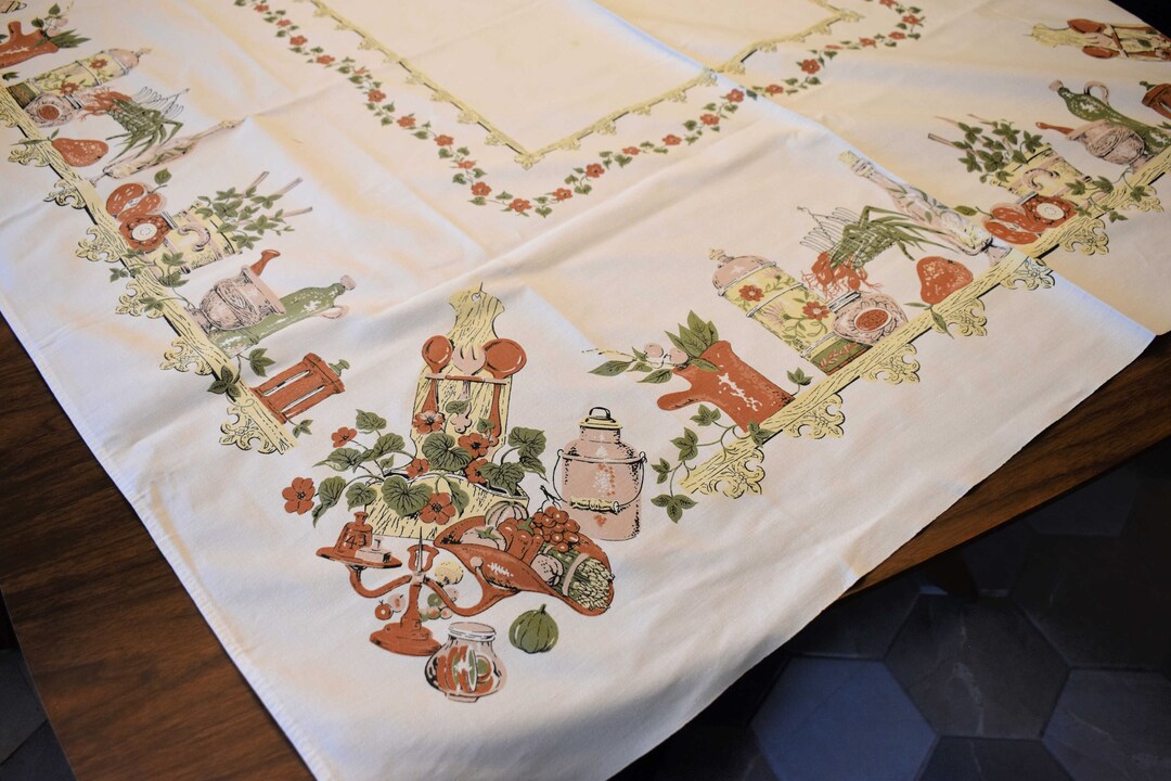 Vintage Mid Century Modern Tablecloth Decorated With Cooking Essentials ...