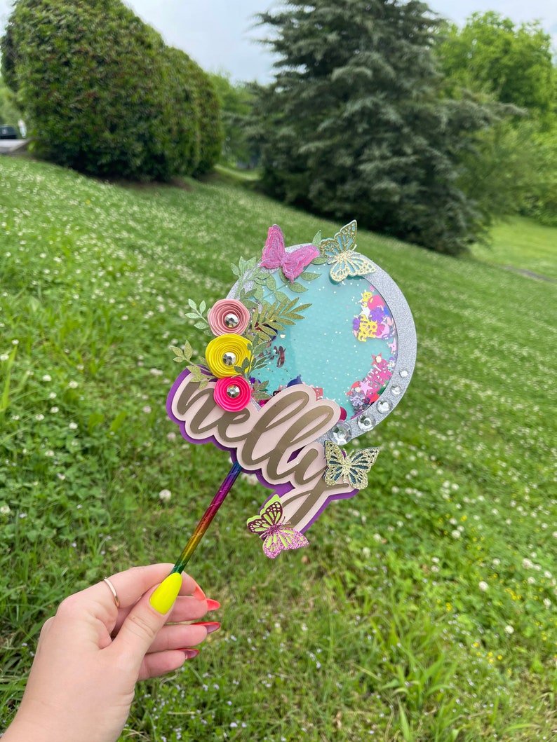 Rainbow Floral Name Cake Topper: Custom Birthday Shaker - Etsy