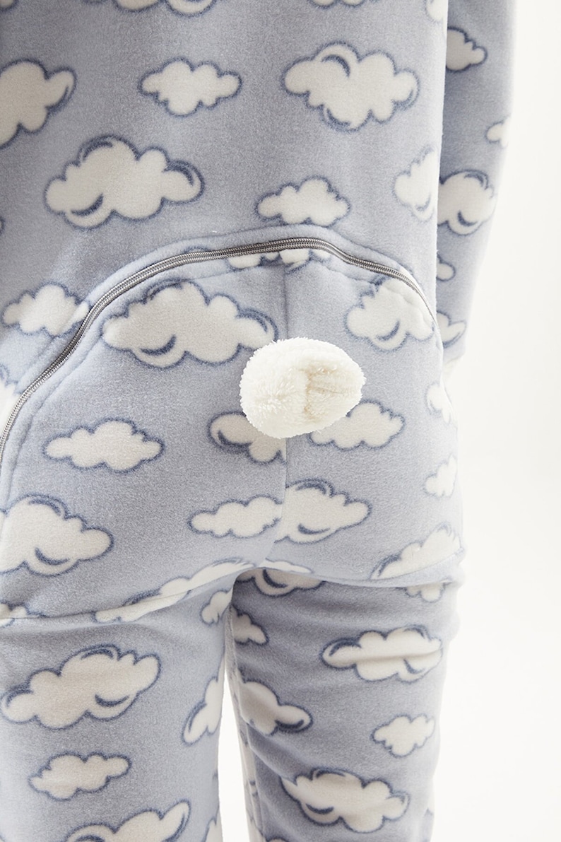 Soft Blue Cloud Patterned Hooded Back Zipper Butt Flap Plush Fleece ...