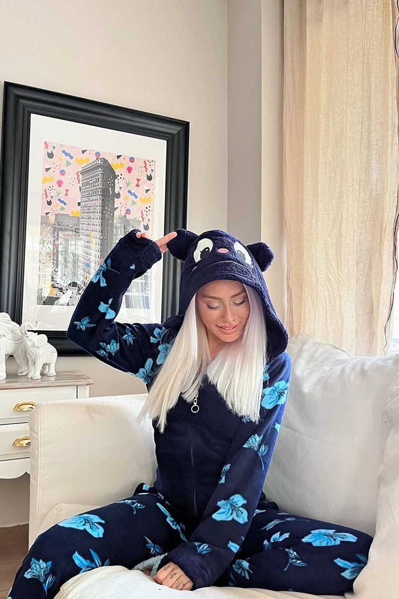 Blue Heart Pattern Women's Fleece One Piece Back Zippered Butt Flap ...