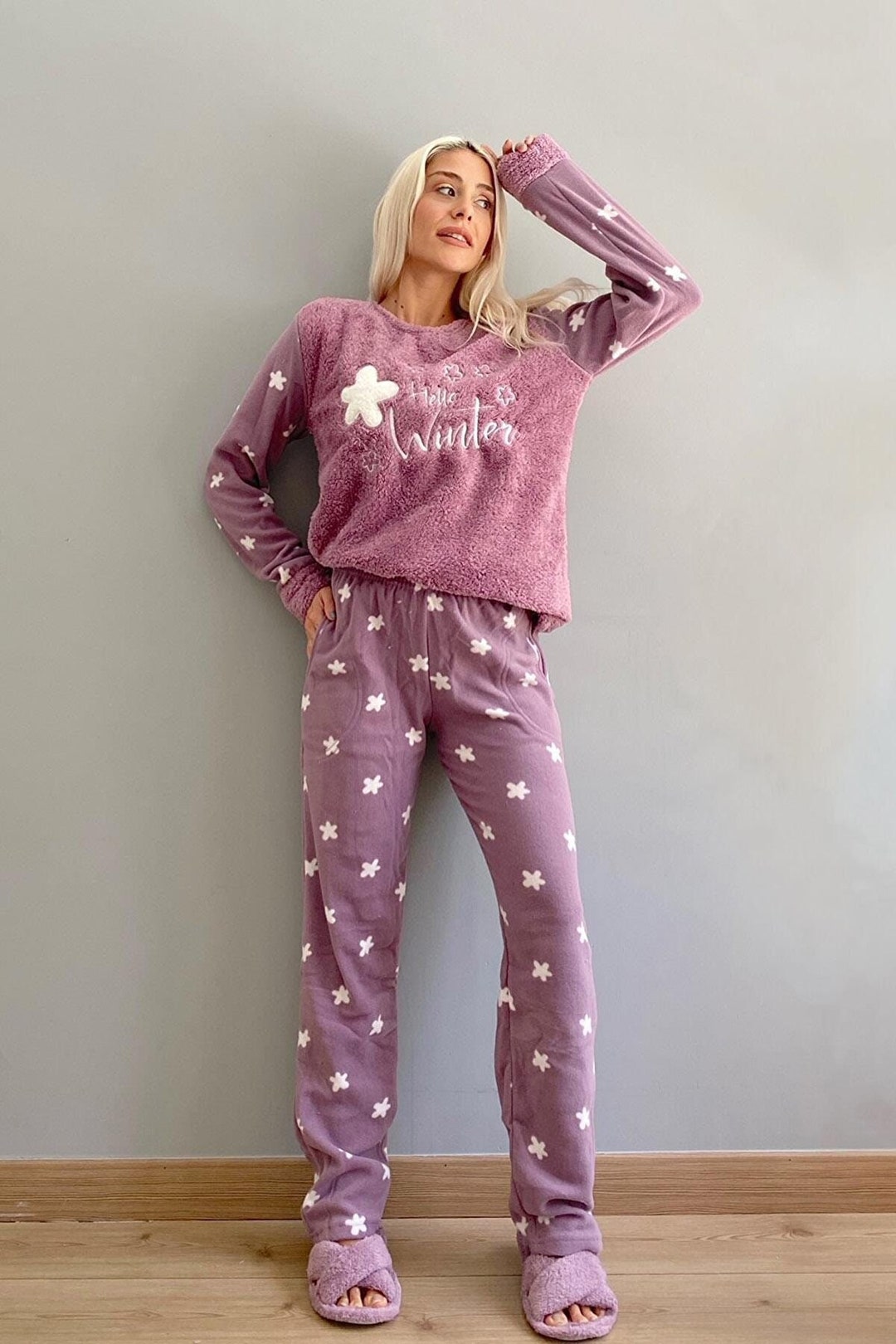 Purple Hello Winter Patterned Full Plush Fleece Women's Pajamas Set ...