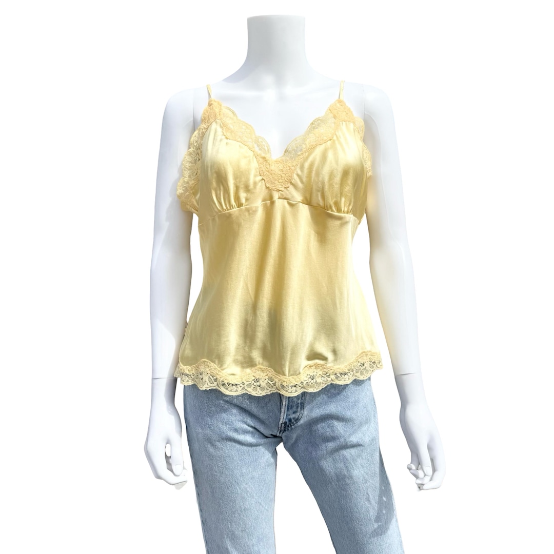 Vintage Lemon Yellow Silk Lace Trimmed Camisole | Soft Butter Yellow ...