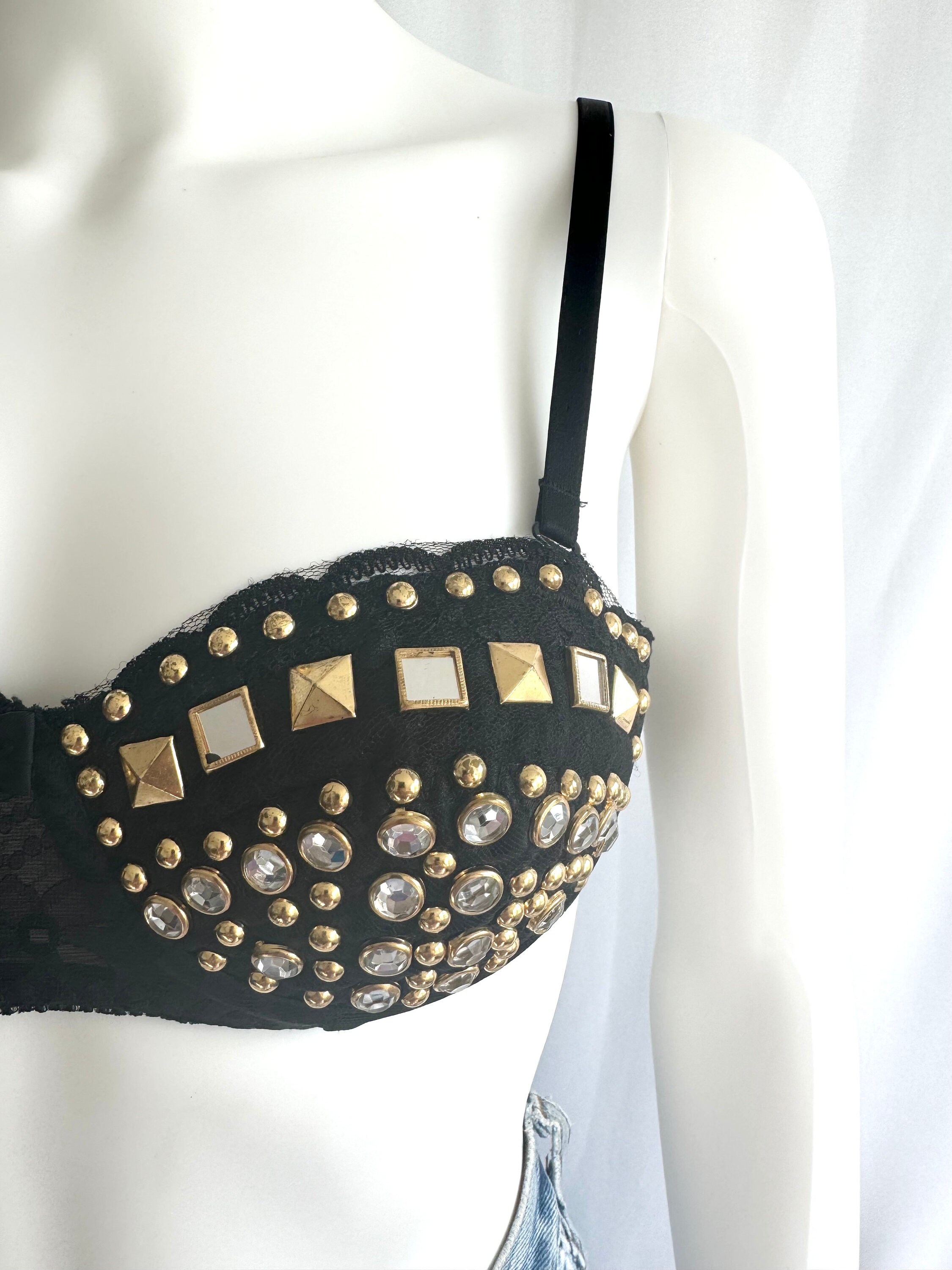 Vintage Studded Black Lace Convertible Strapless Bra Embellished ...