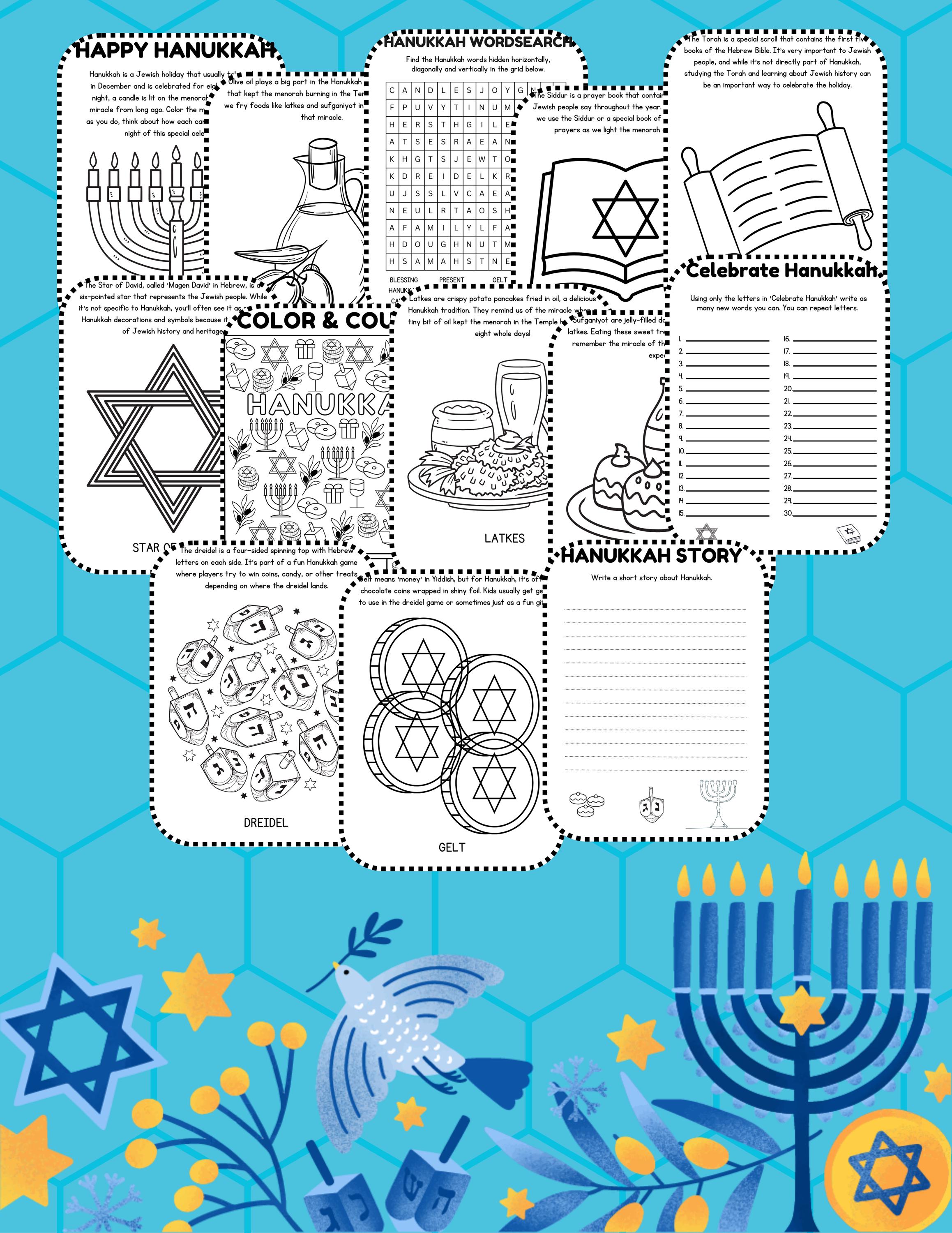 Let's Celebrate Hanukkah Printable Coloring & Actvity Pages for Age 7 ...