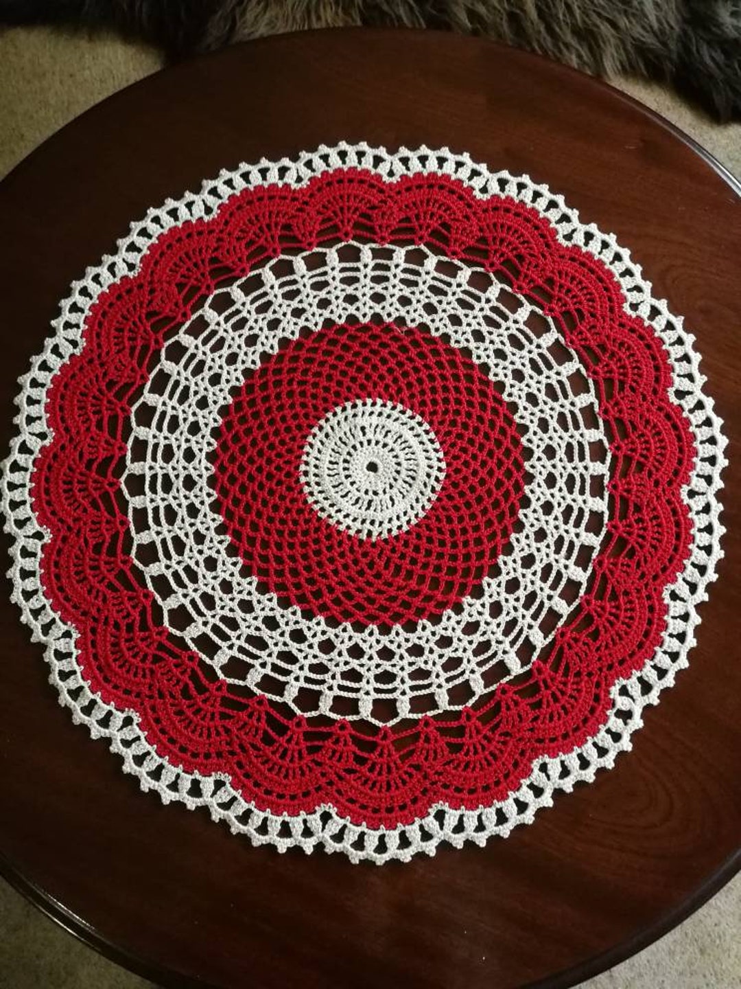 Red and Ecru Handmade Doily. 16ins Diameter - Etsy