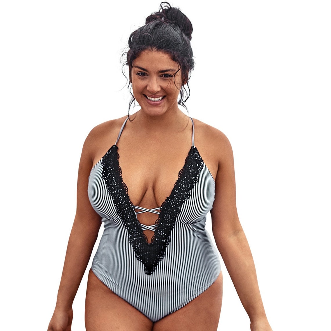 Plus Size Striped Deep V Neck One Piece Swimsuit Sexy Lace Etsy