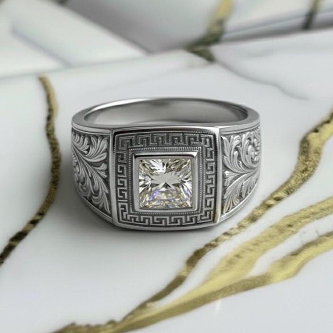 Heavy Silver Greek Meander Ring for Men | Detailed Laurel Leaf ...