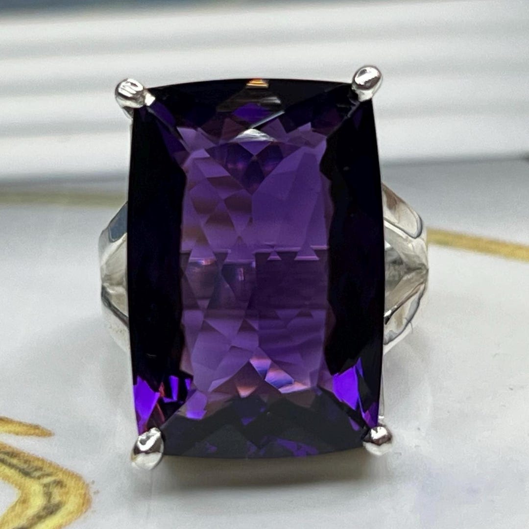 Large Cushion Cut Amethyst Ring: Solid Silver Women's Gemstone - Etsy