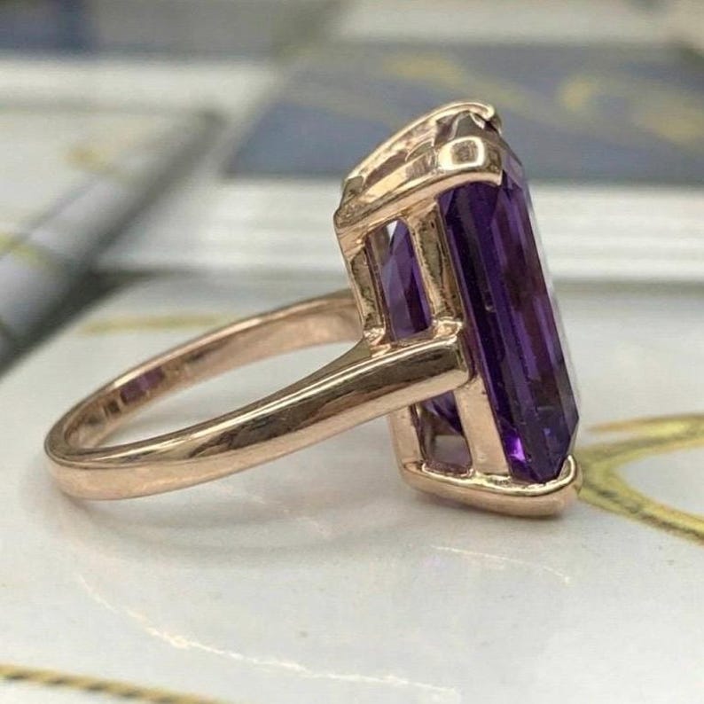 Vintage Emerald Cut Amethyst Ring in 14K Rose Gold Plated Solid Silver ...