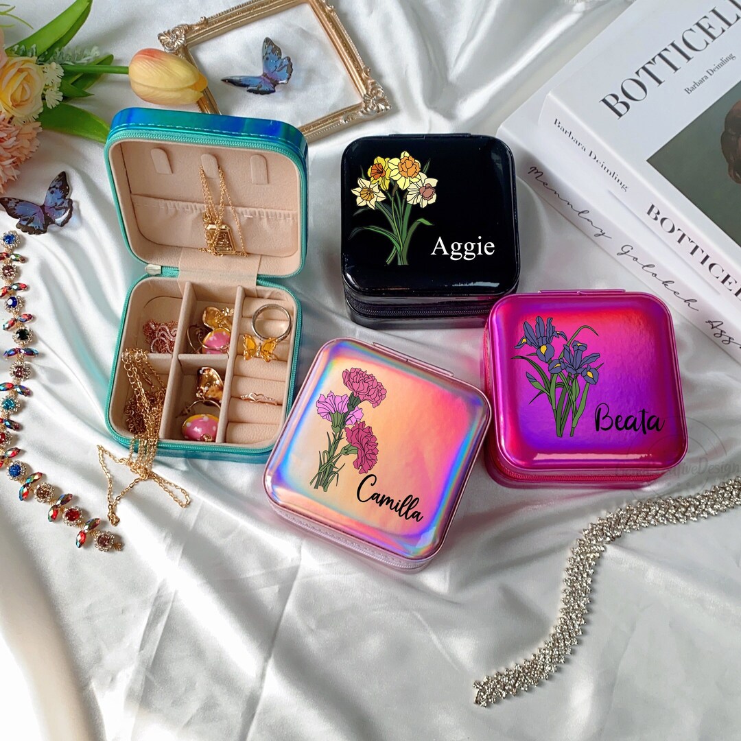 Personalized Birth Flower Jewelry Box, Custom Floral Jewelry Case With ...