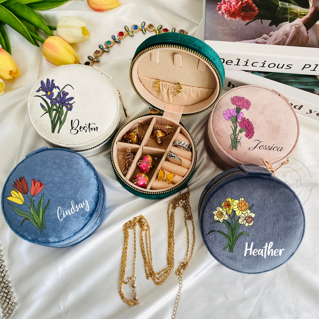 Personalized Birth Flower Jewelry Box, Custom Floral Jewelry Case ...