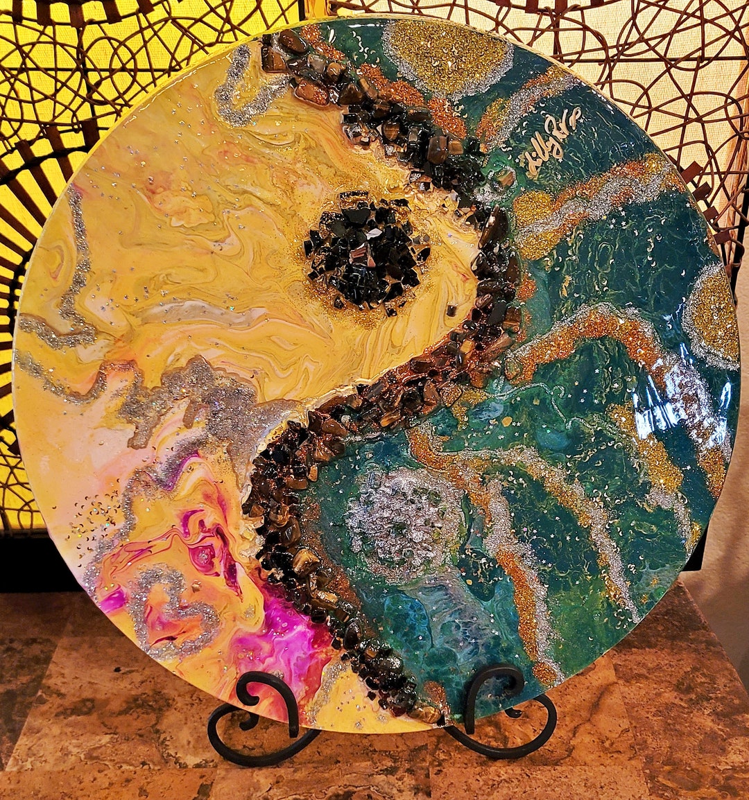 Beautiful YIN YANG Resin Painting Made on Wood With Tiger Eye Tumble ...