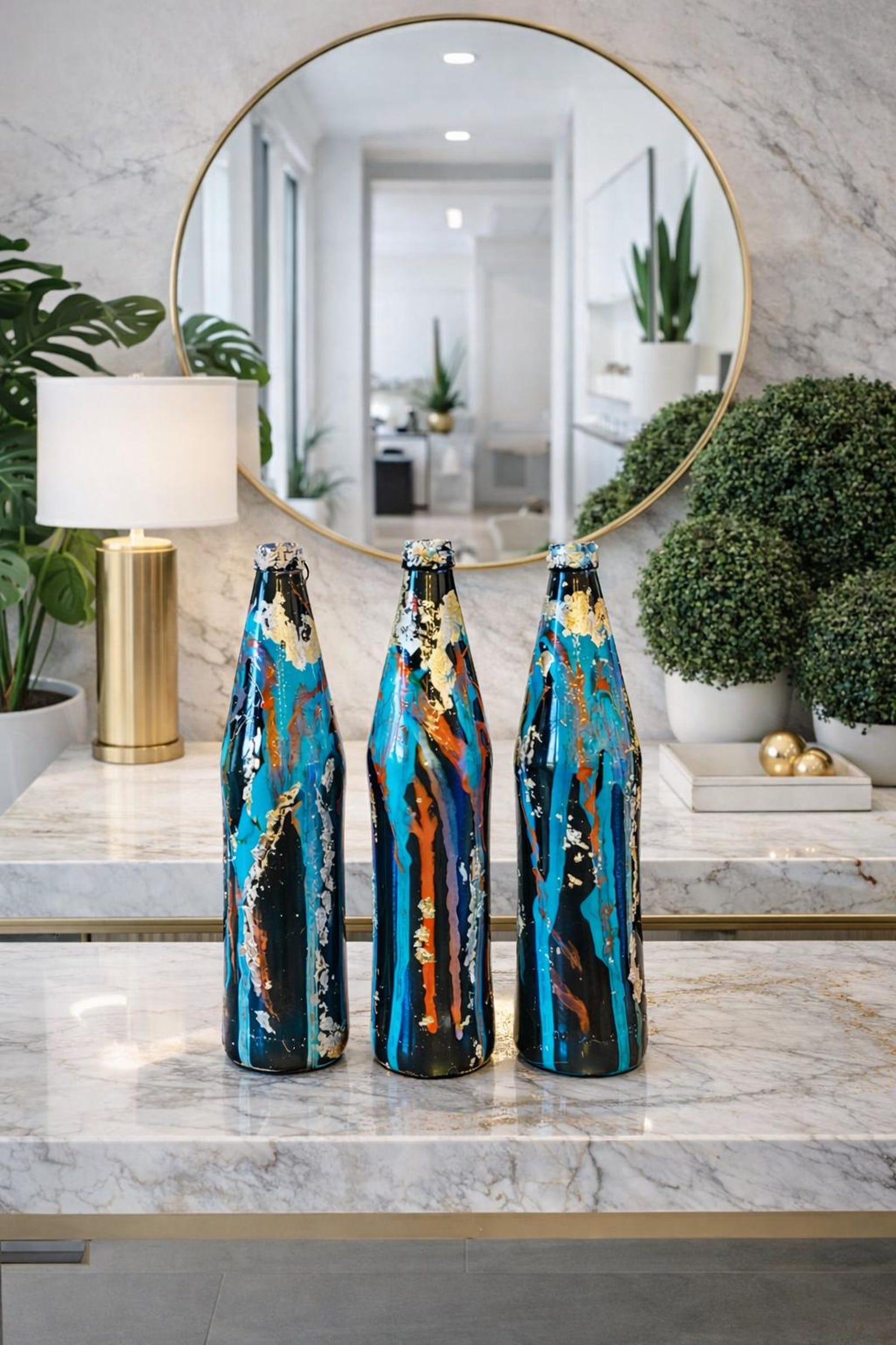 Set of 3 Hand Painted Bottles | Gold Leaf Abstract Turquoise Black ...