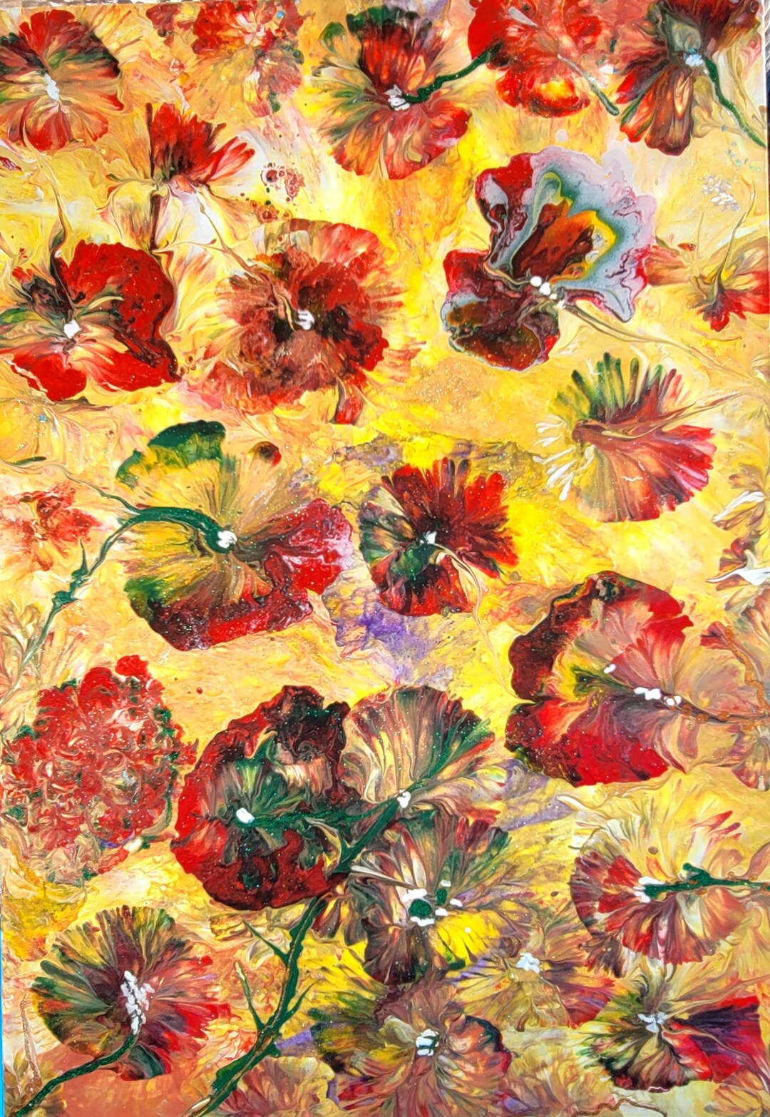 Floral Acrylic Painting - Red Flowers on Gold - Etsy