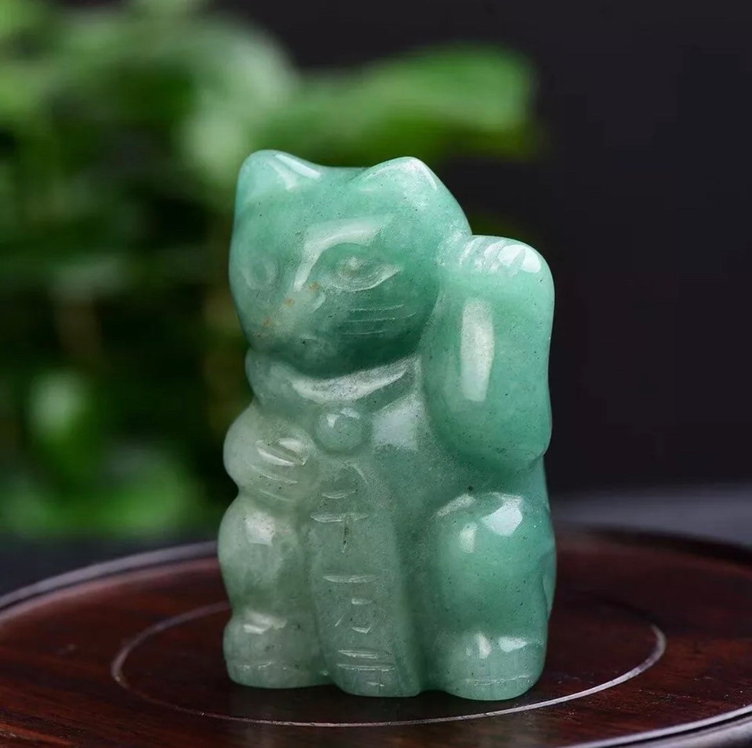 Natural Green Aventurine Lucky Cat Semiprecious Figurine Crystal ...