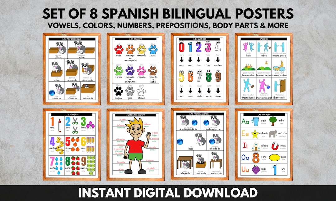 8 Spanish Bilingual Posters: Vowels, Colors, Numbers, Prepositions ...
