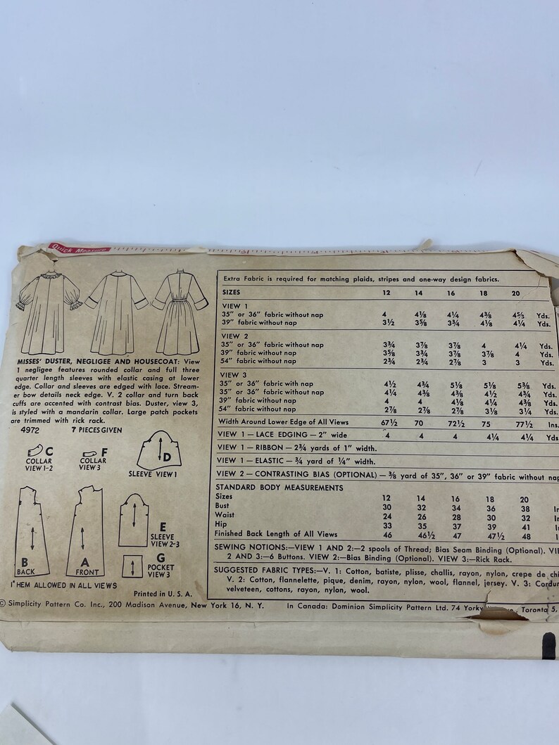 Original 1954 Simplicity 4972 Size 16 Misses Duster, Negligee and ...
