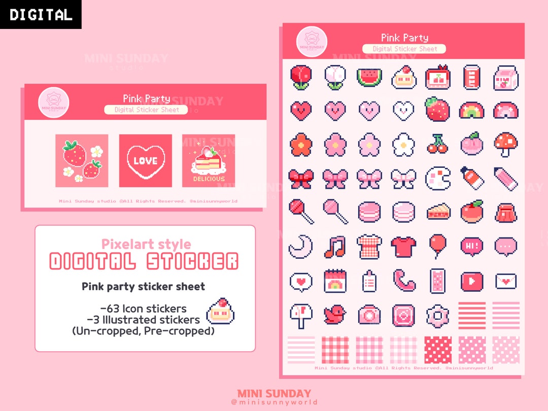 Pink Party Digital Stickers / Sticker Sheet / Pixelart Style / - Etsy
