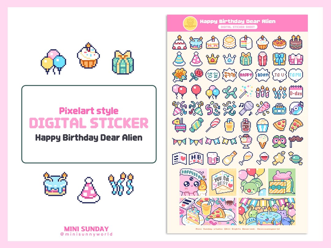 Happy Birthday Dear Alien Digital Stickers / Sticker Sheet / Pixelart ...