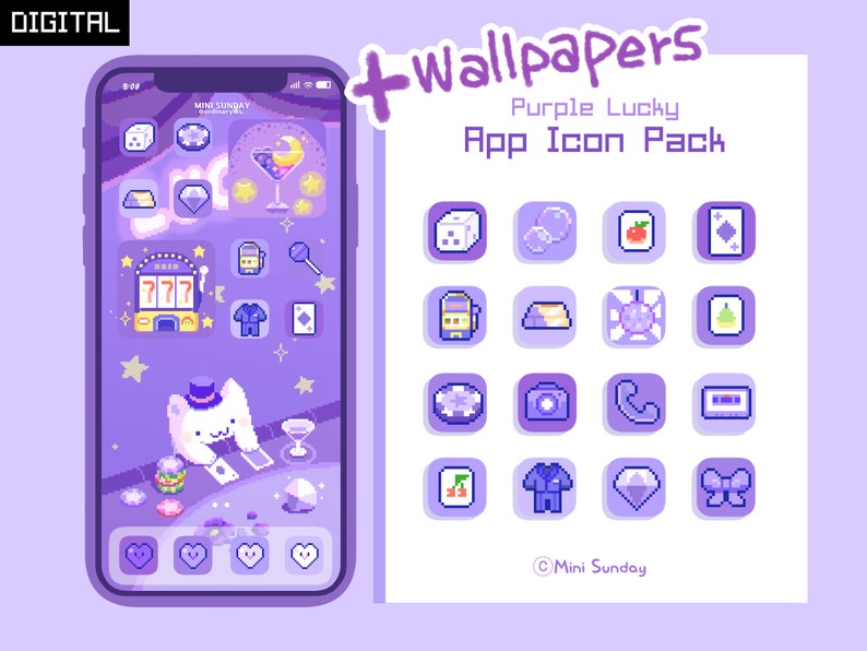 63 App Icon Pack / Purple Lucky / Wallpapers & Widgets / Pixel | Etsy