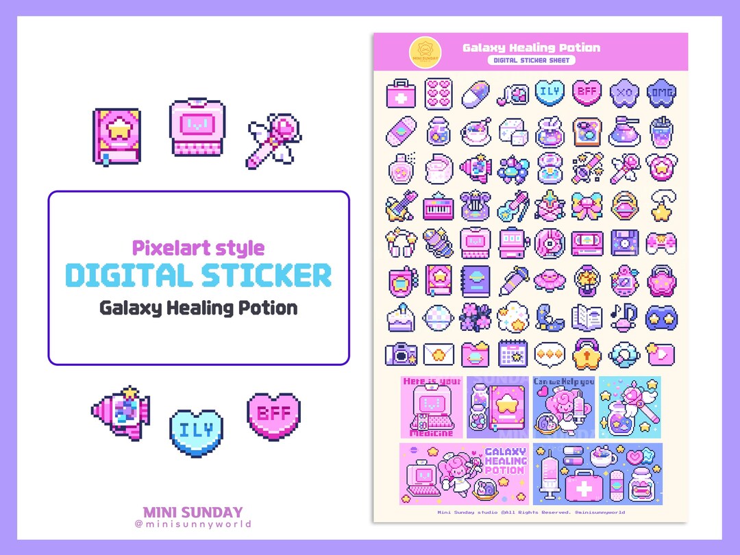 Galaxy Healing Potion Digital Stickers / Sticker Sheet / Pixelart Style ...