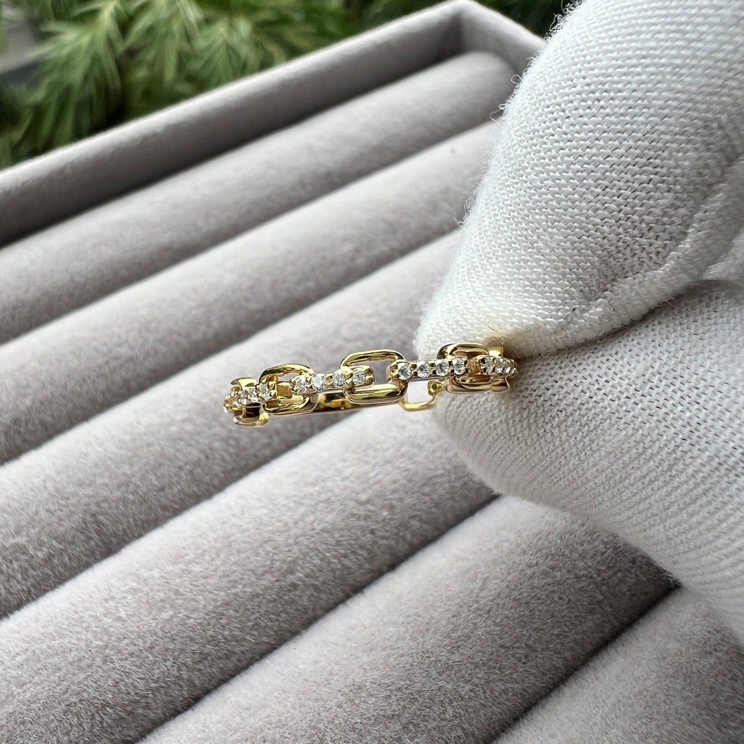 14k Gold Chain Link Ring, EF VS Lab Grown Diamond Stacking Ring - Etsy