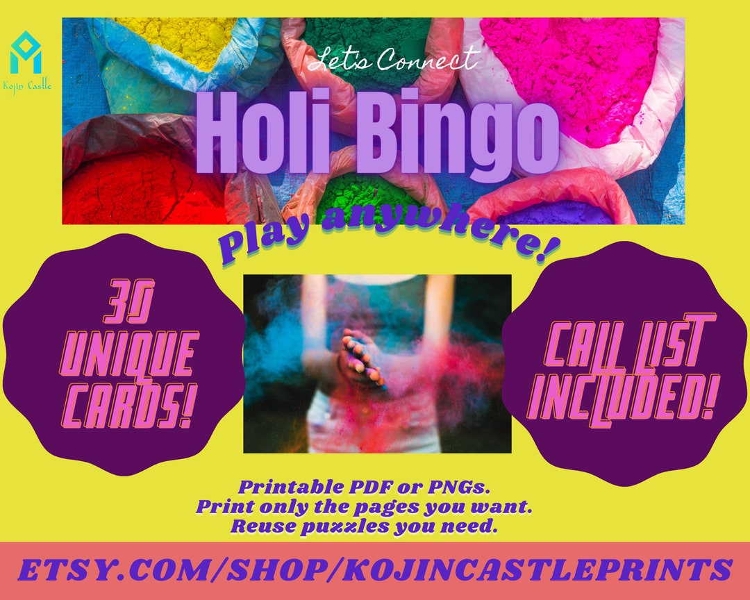 Holi Bingo for Kids– Mobile-friendly, Digital, Printable PDF, Play Holi ...