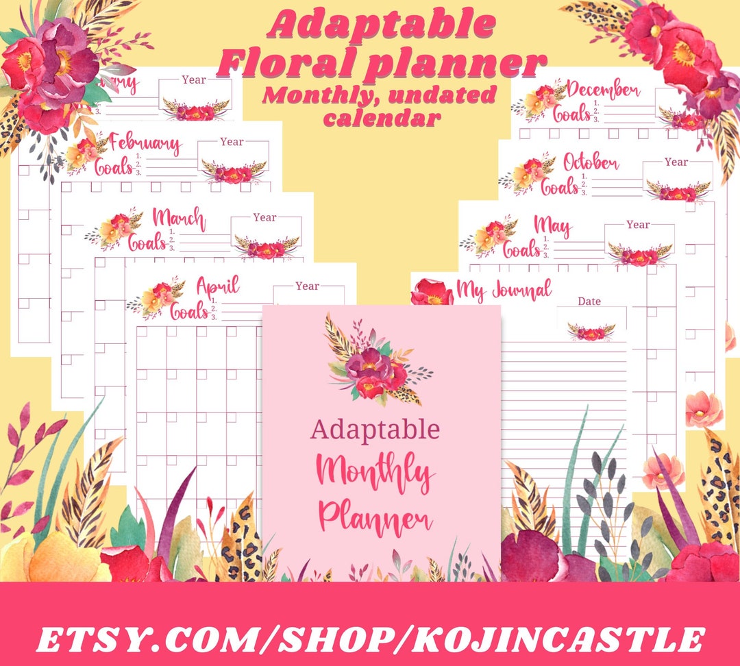Beautiful Floral Planner- Undated Floral Adaptable Monthly Planner 15 ...