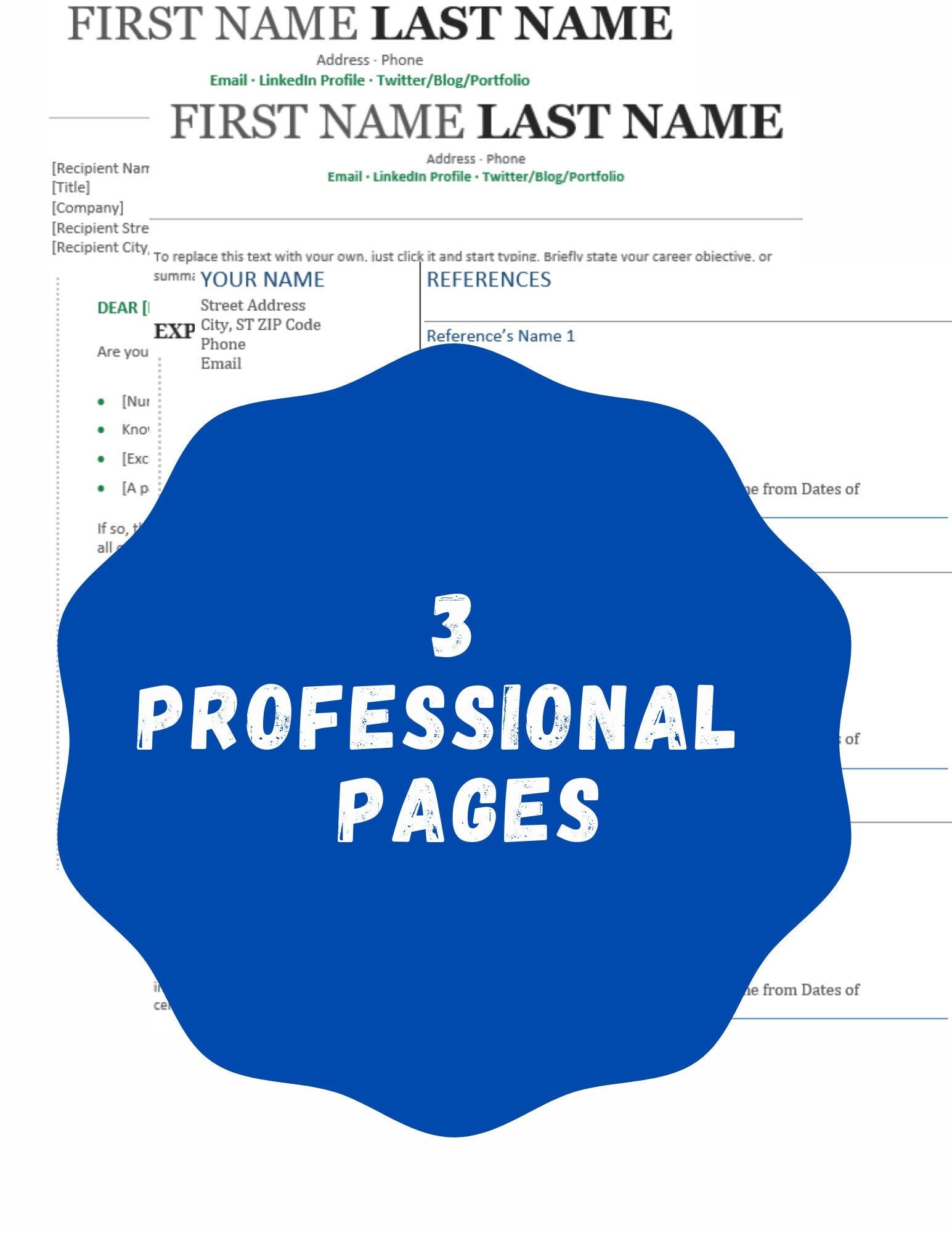 Professional Resume Template– Digital Printable, CV Template With Cover ...