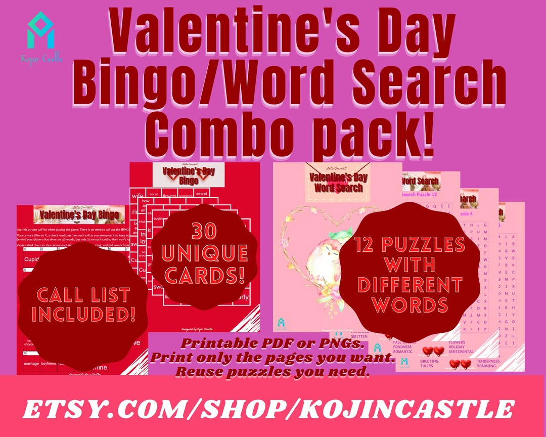 Valentine's Day Printable Bingo and Word Search, Group Family V-day ...