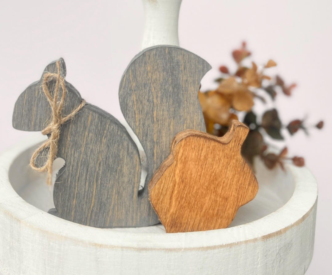 Wooden Squirrel and Acorn Tiered Tray Set Rustic Fall Decor Handmade ...