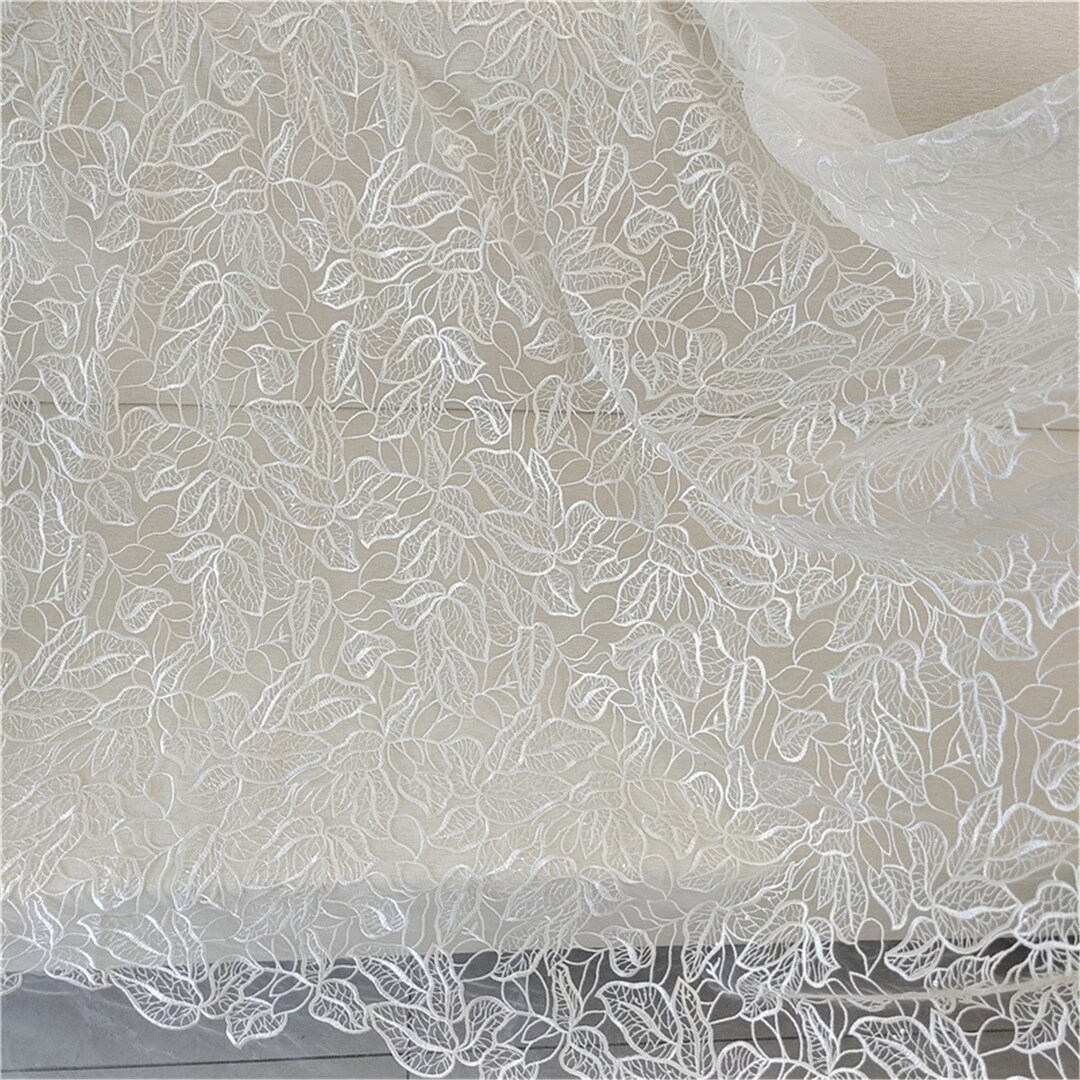 Leaf Embroidery Lace Fabric Ivory Leaves Fabric Ivory Soft Vine ...